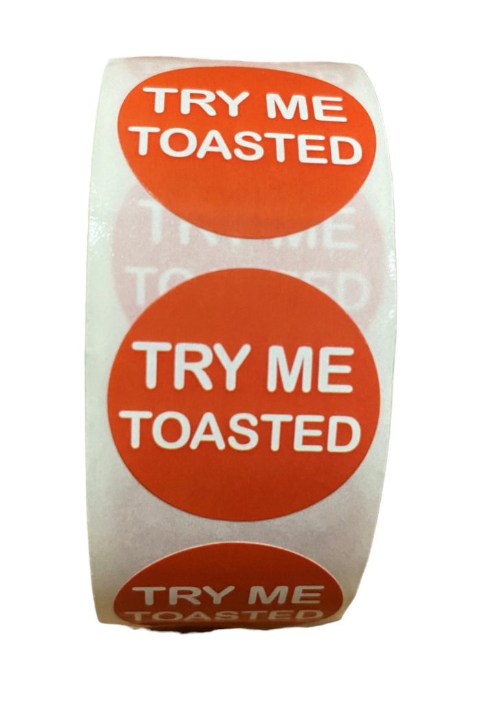 Stickers - Try Me Toasted 25mm 500 per roll - KC Supplies